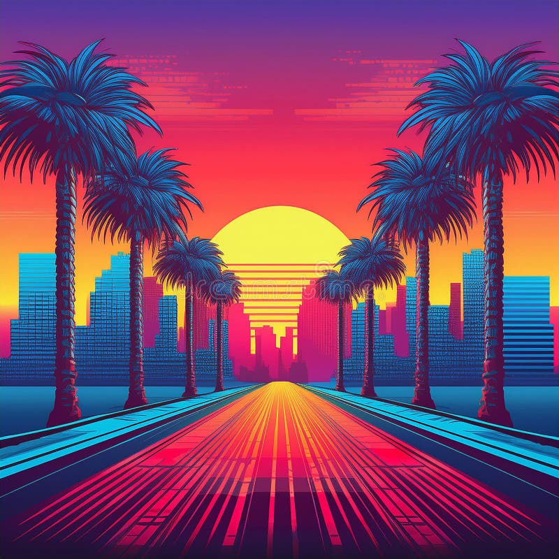 Retro Synthwave Retro Design. Road To Sunset. Skyscrapers and Palms ...