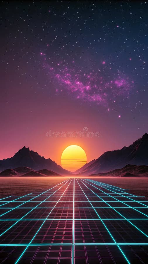 Retro Synthwave Landscape Featuring a Glowing Orange Sun Over Mountains ...