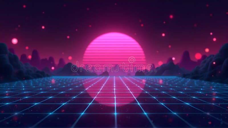 Retro Synthwave Landscape with Grid and Sunset Stock Illustration ...