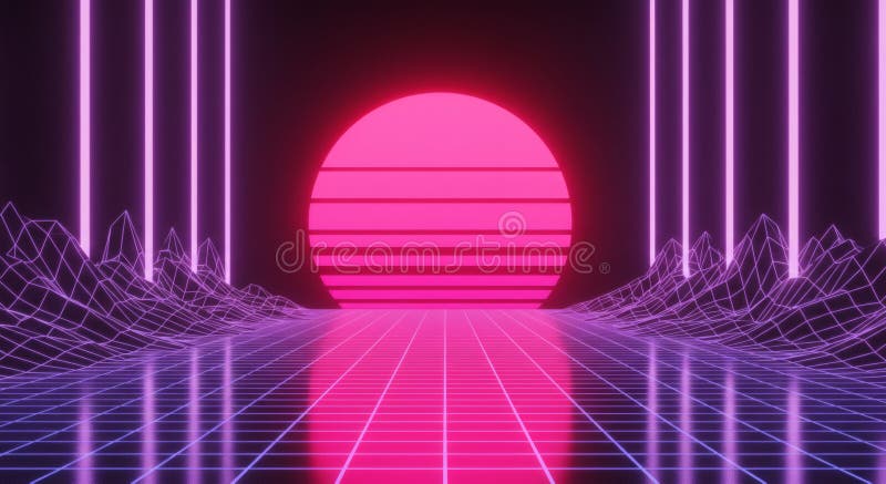 Retro Synthwave Landscape with Neon Grid and Sun Aesthetic Background ...