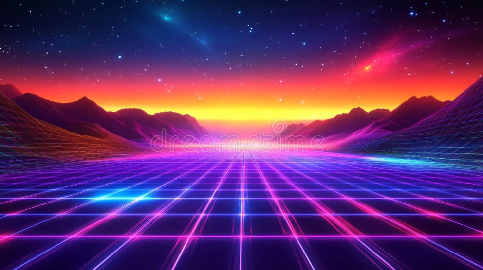 Retro Synthwave Landscape with Vibrant Sunset and Gridded Highway Stock ...
