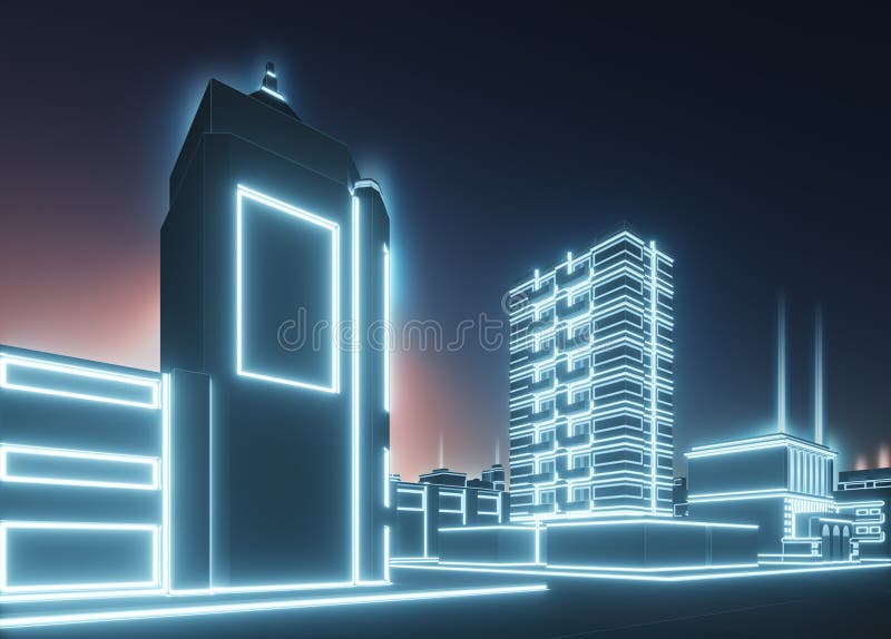 Retro Synthwave-style Night City Street View. Stock Illustration ...