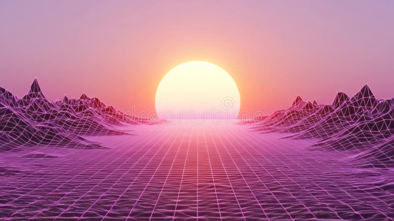 Retro Synthwave Sunset Landscape with Geometric Grid and Pink Purple ...