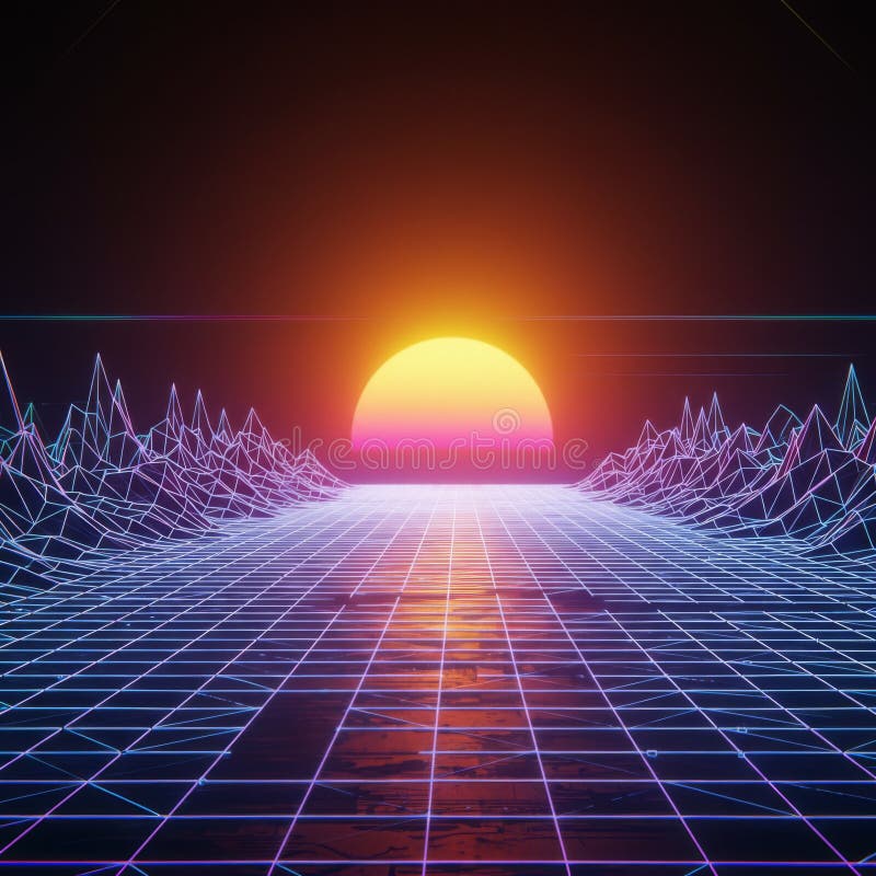 Retro Synthwave Sunset Landscape with Glowing Grid Stock Illustration ...