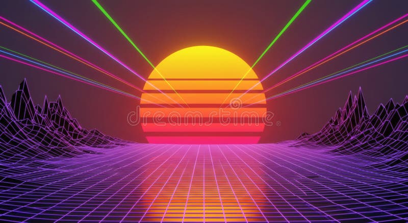 Retro Synthwave Sunset Landscape with Grid and Neon Laser Beams Stock ...