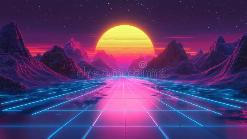 Retro Synthwave Sunset Landscape with Neon Road Stock Illustration ...