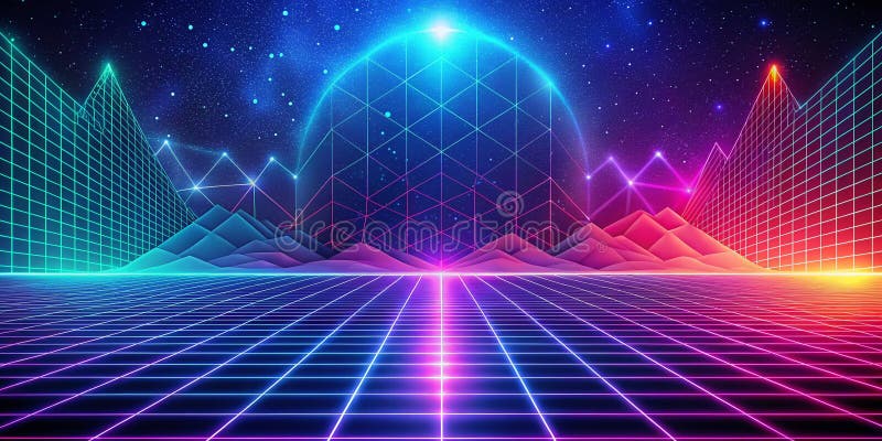 Retro Synthwave Vaporwave Background a GlitchEffect Geometric Neon Grid ...