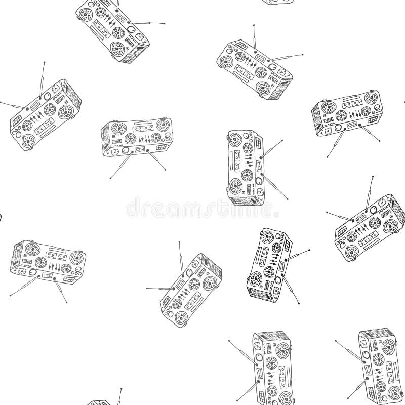 Retro Tape Recorder. Black and White Vector Boom Box. Hand-drawn ...