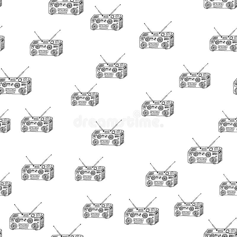 Retro Tape Recorder. Black and White Vector Boom Box. Hand-drawn ...