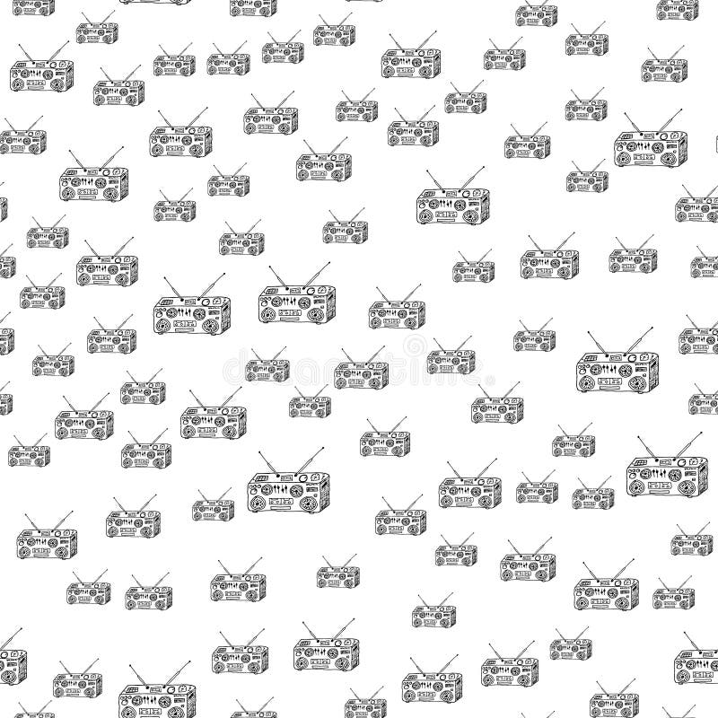 Retro Tape Recorder. Black and White Vector Boom Box. Hand-drawn ...