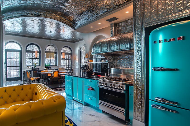 Retro Teal Kitchen with a Shiny Ceiling Stock Illustration ...