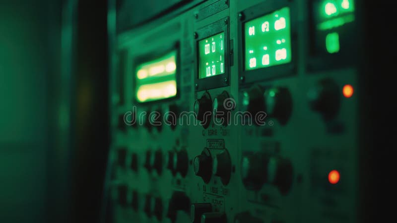 Retro Tech: Analog Control Panel with Glowing Screens and Knobs in Deep ...