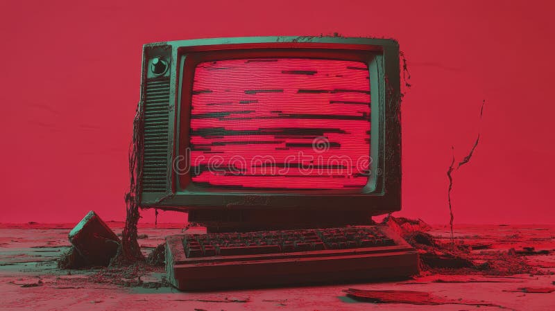 Retro Tech Apocalypse Red Static on a Vintage Computer in a Post ...