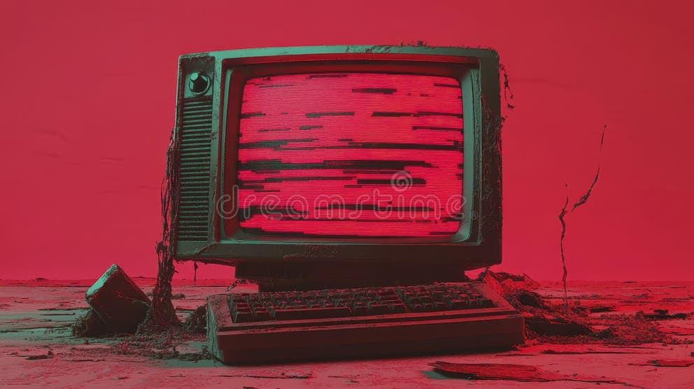 Retro Tech Apocalypse Red Static on a Vintage Computer in a Post ...