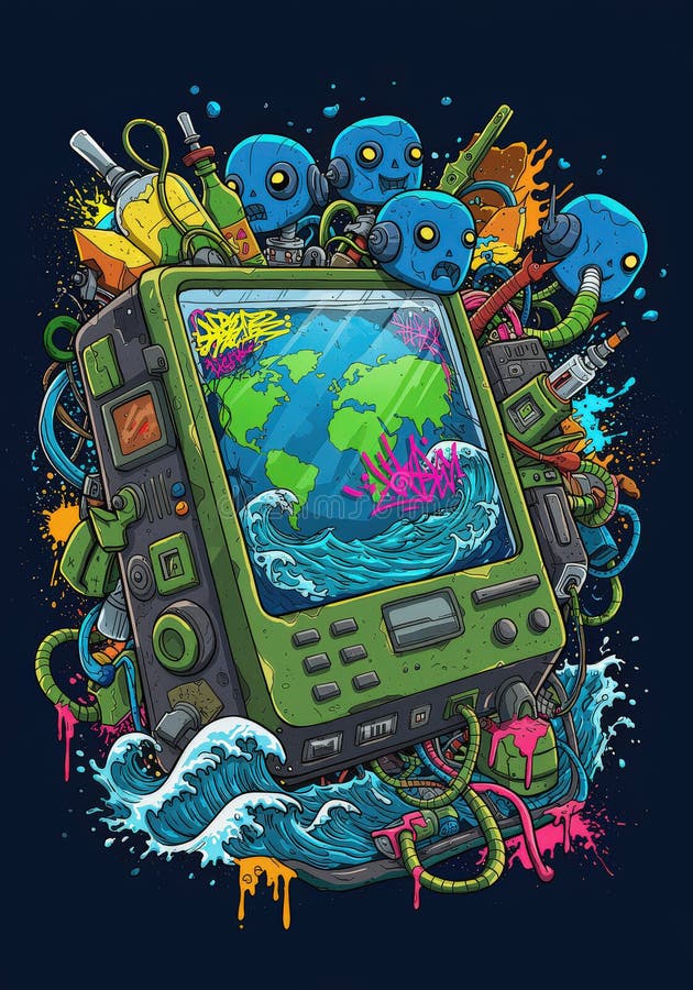 Retro Tech Device Displaying Earth with Robots and Graffiti Art Stock ...