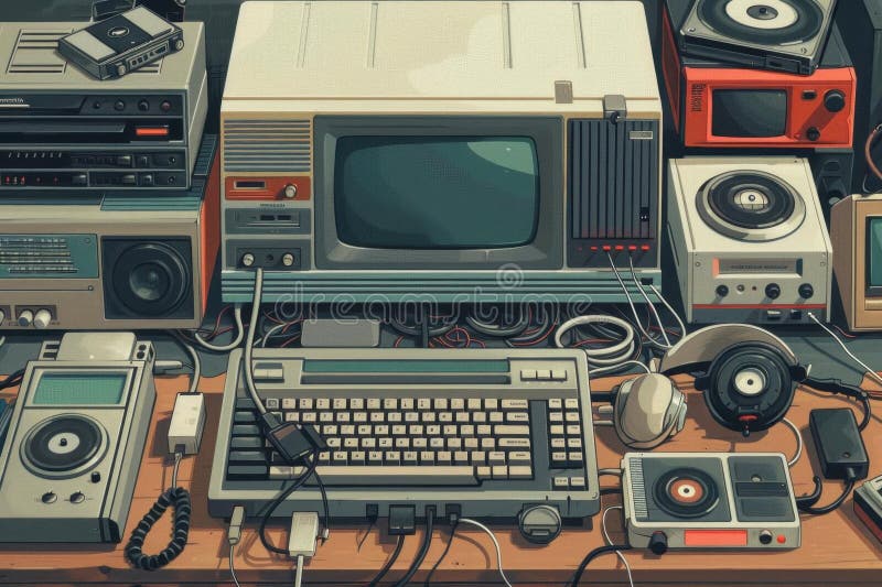 Retro Tech Gadgets and Electronics on a Desk Stock Illustration ...