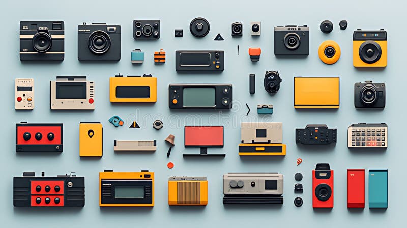 Retro Tech Gadgets Flatlay Background Blue Stock Illustration ...