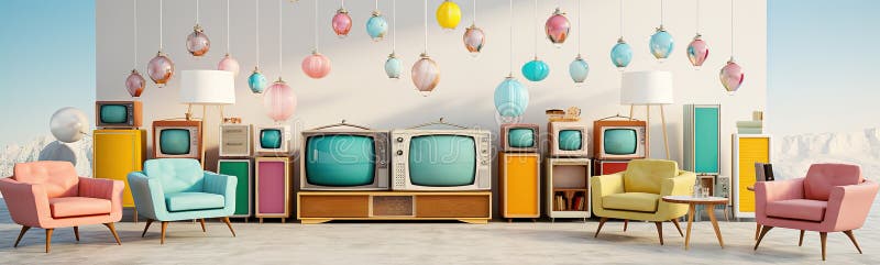 Retro Tech Gallery: Array of Vintage TVs with Pastel Displays Stock ...