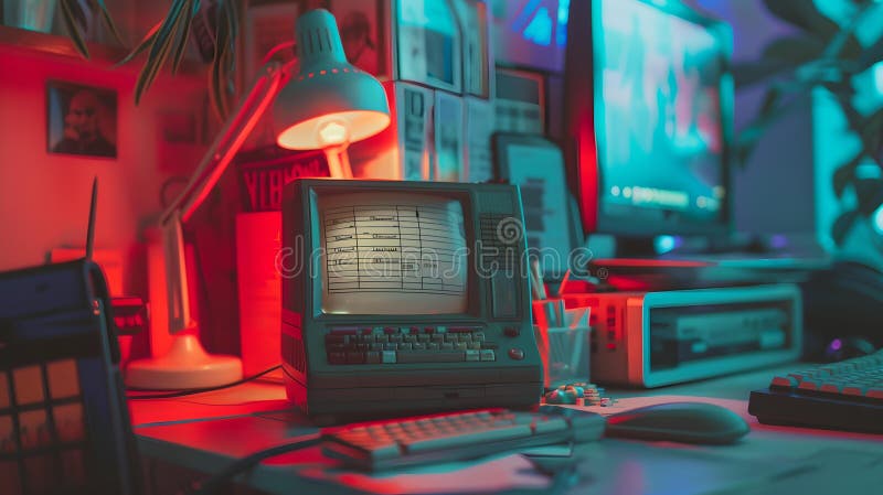 Retro Tech Office with Vintage Computer, Cozy Ambient Light. Nostalgia ...