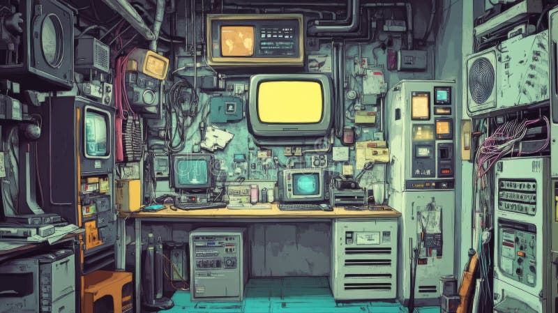 Retro Tech Room Pixel Art: a Cluttered Workspace of Vintage Computers ...