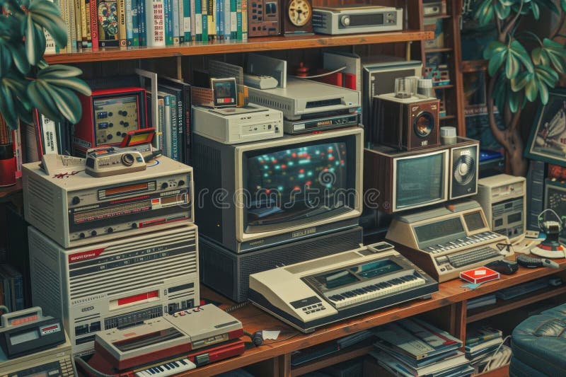 Retro Tech Setup with Vintage Electronics and Books Stock Illustration ...