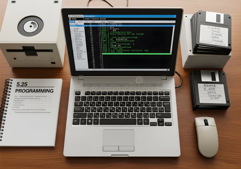 Retro Tech Workspace with DOS Interface and Code Editor Stock Illustration - Illustration of ...