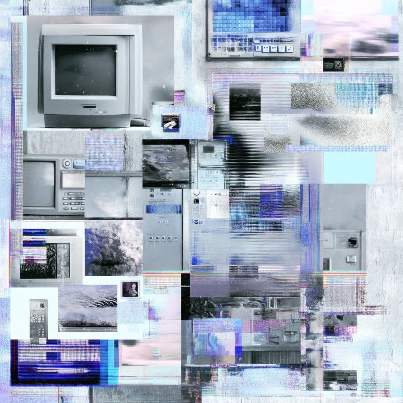 Retro Technology Collage with Abstract Glitch Effects and Blue Tones ...