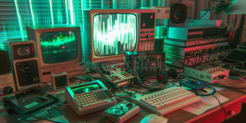 Retro Technology Workspace with Neon Visuals Stock Image - Image of ...