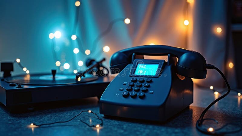 Retro Telephone and Vinyl Record Player with Ambient String Lights in ...
