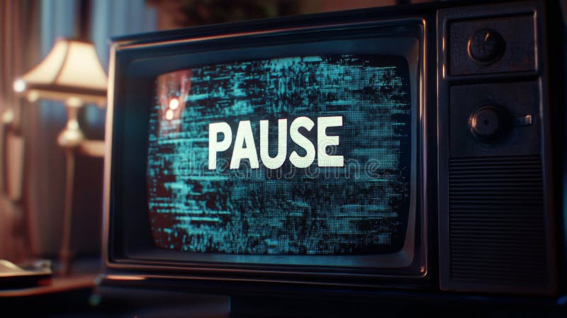 Retro Television Displaying Pause Message in a Dark Room Stock ...