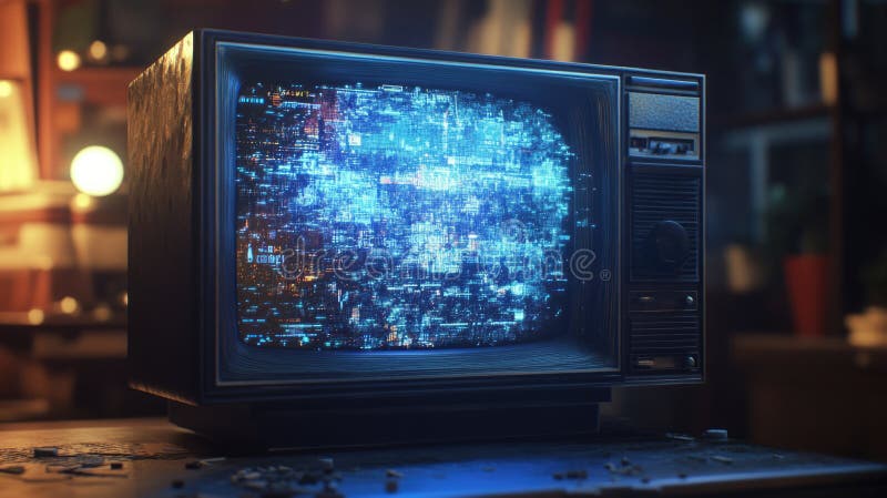 Retro Television with Distorted Glitch Screen in a Vintage Room Setting ...