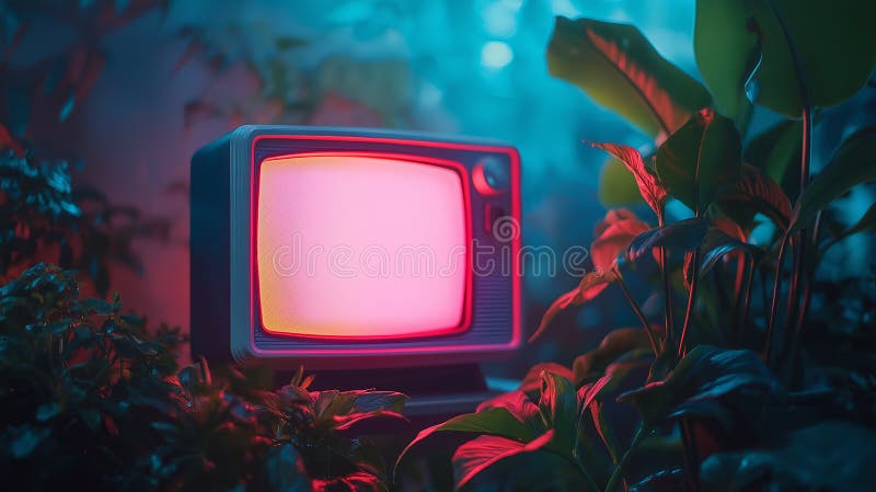 Retro Television with a Glowing Pink Screen Surrounded by Lush Plants ...