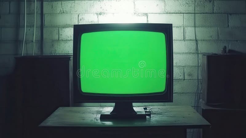 Retro Television with Green Screen Display in a Dark Room with a Brick ...