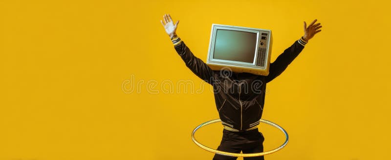 The Retro Television Head Dancing with a Hula Hoop Against a Yellow ...