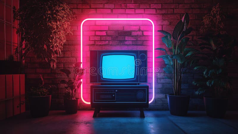 Retro Television with Neon Lights Against a Brick Wall in a Vintage ...