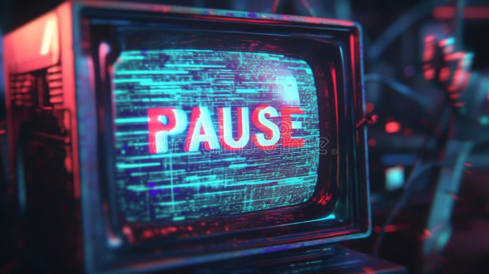 Retro Television Screen Showing Pause Message with Digital Glitch ...