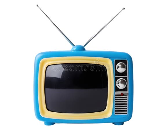 Retro Blue Television Set with Yellow Frame and Dual Antennas Off, on ...