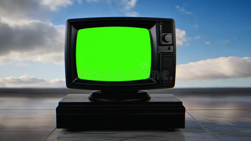 A Retro Television Set with a Green Screen Under a Bright Sky Stock ...