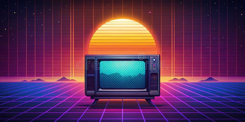 Retro Television Set in a Synthwave Sunset Landscape. Generative AI ...