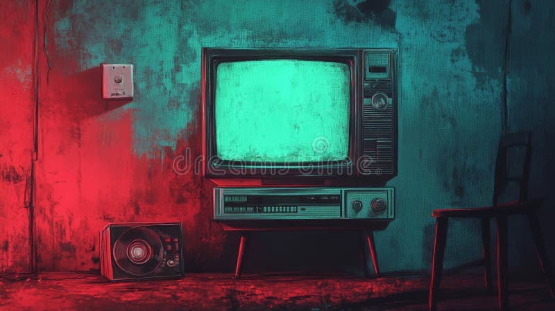Retro Television with Static Screen in Dark Room Stock Illustration ...