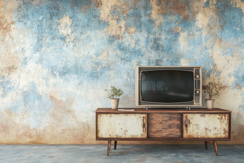 Retro Television on Wooden Tv Table at Empty Old House Stock ...