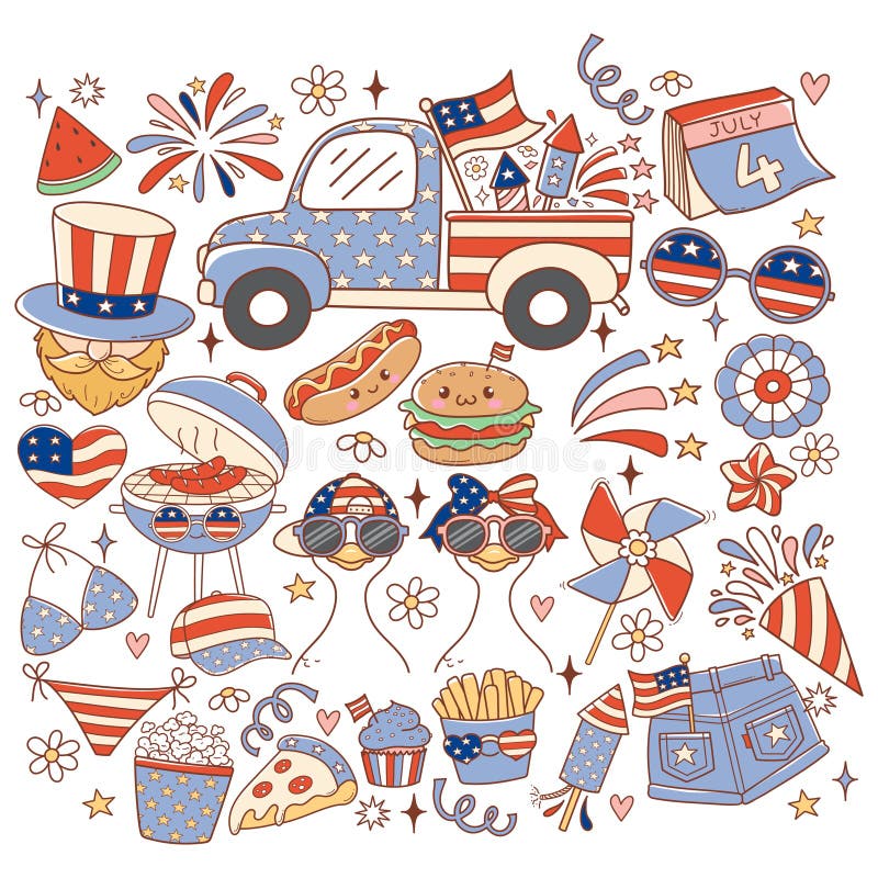 Retro 4th of July or Independence Day Doodle Cartoon Style Vector Stock ...