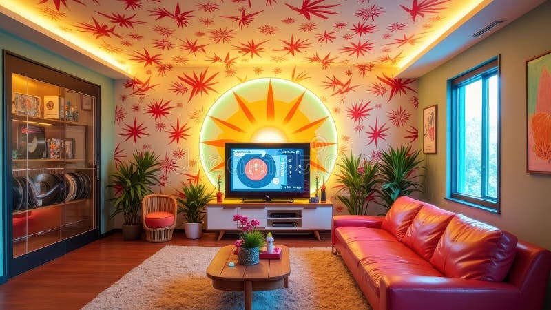 Retro Themed Living Room with Red Sofa, Vinyl Records, and Neon Sun ...