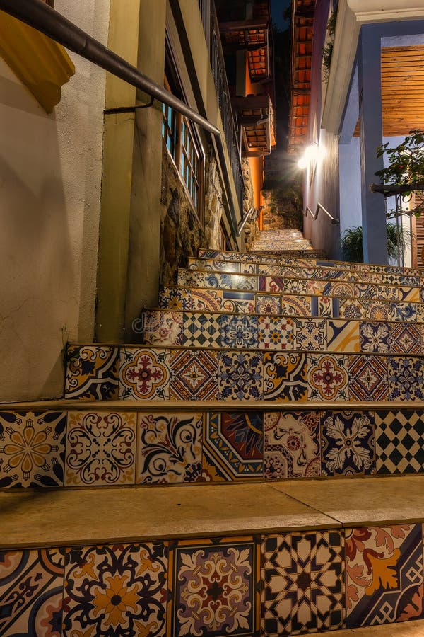 Retro Tiled Staircase in Village at Night Stock Photo - Image of city ...