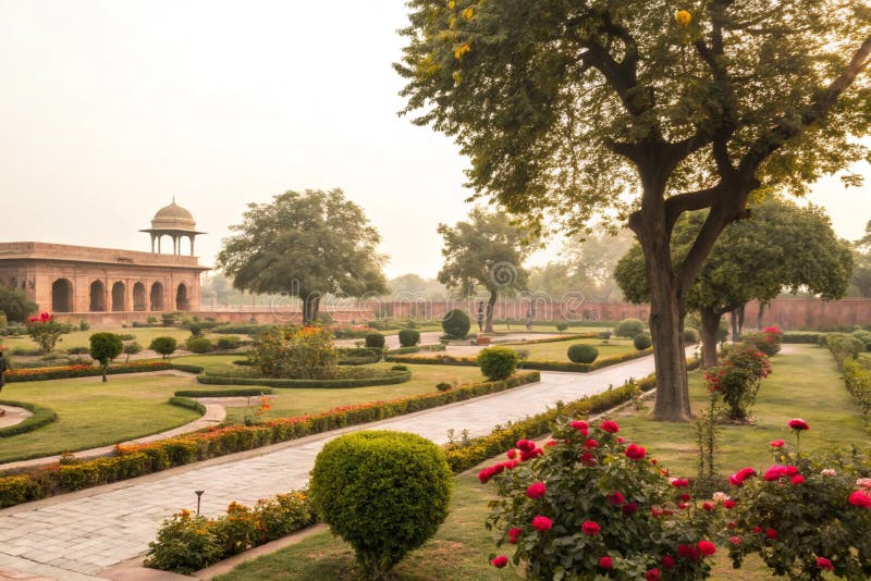 Retro-Toned Formal Park with Trees and Vibrant Flowers Stock ...