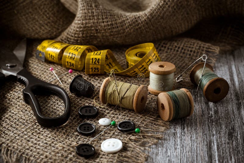 Retro Tools for Cutting and Sewing. Needle with Thread, Thimble, Sewing ...