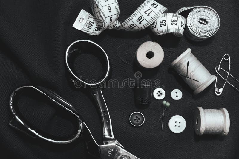 Retro Tools for Cutting and Sewing. Needle with Thread, Thimble, Sewing ...