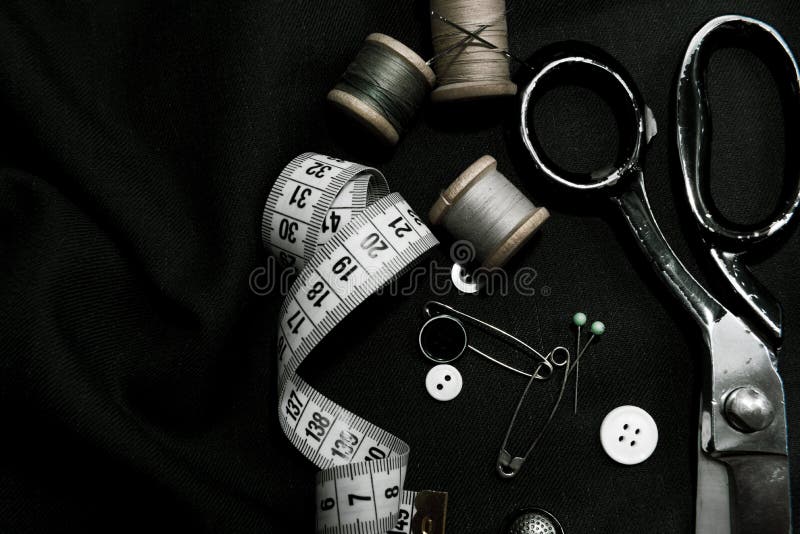 Retro Tools for Cutting and Sewing. Needle with Thread, Thimble, Sewing ...