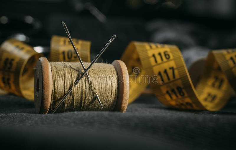 Retro Tools for Cutting and Sewing. Needle with Thread, Thimble, Sewing ...