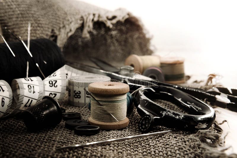 Retro Tools for Cutting and Sewing. Needle with Thread, Thimble, Sewing ...